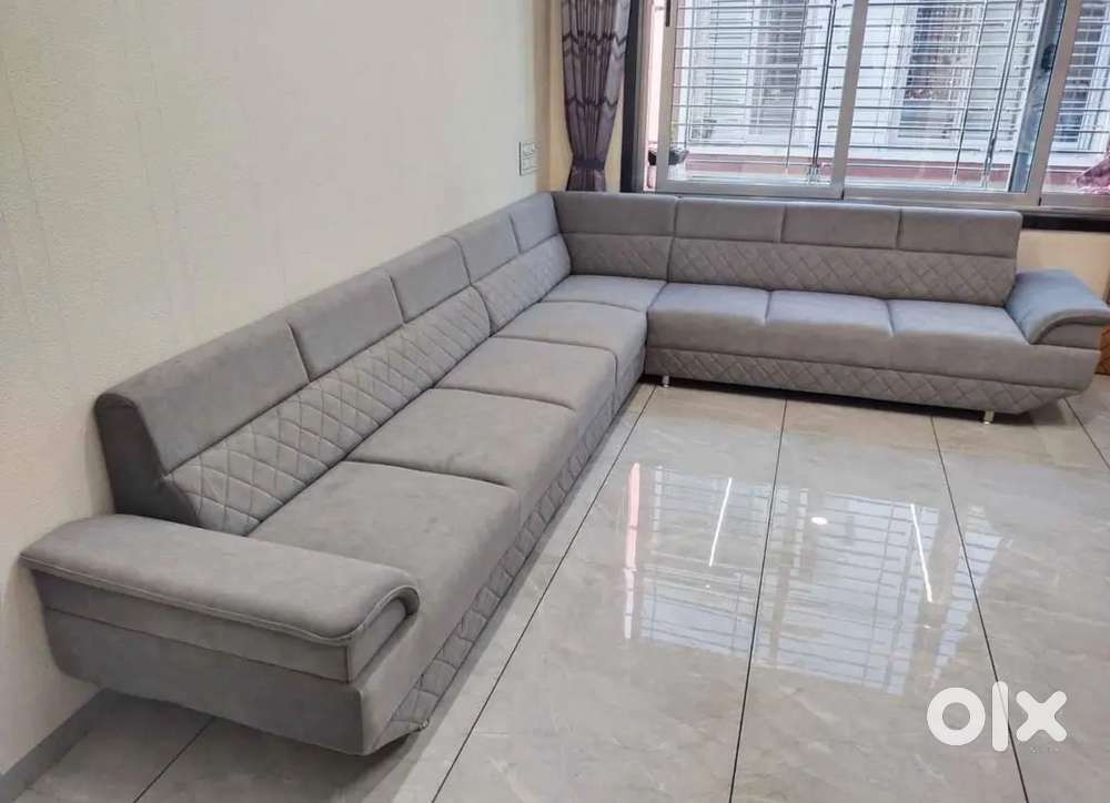 8 Seater L Shape Sofa with Grey Welvet, Crossing Handle &Quilt Pattern ...