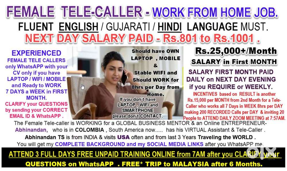 EXPERIENCED FEMALE TELE-CALLER to WORK FROM HOME - Rs.25,000+/MONTH ...