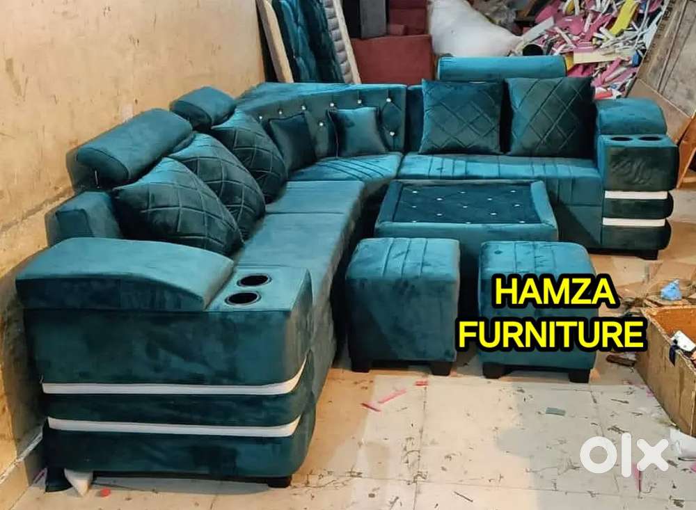 HAMZA FURNITURE L SHAPE CORNER SOFA SET WITH CENTRE TABLE PUFFY Sofa Dining 1795578979