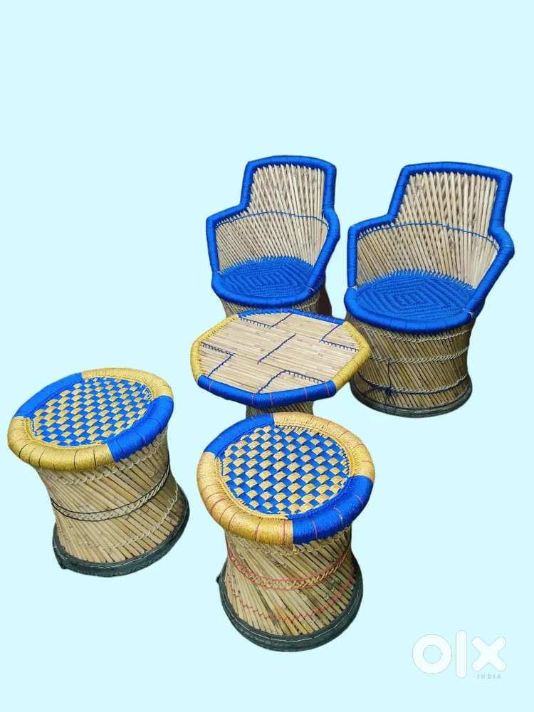 Handmade Bamboo Mudha Table Chair Set With Mudha Stool - Home Decor ...
