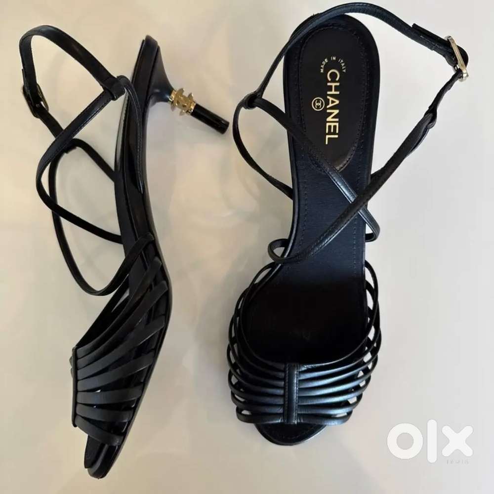 CHANEL Black Leather Strappy Sandals Heels with CC Logo Charm - Women ...