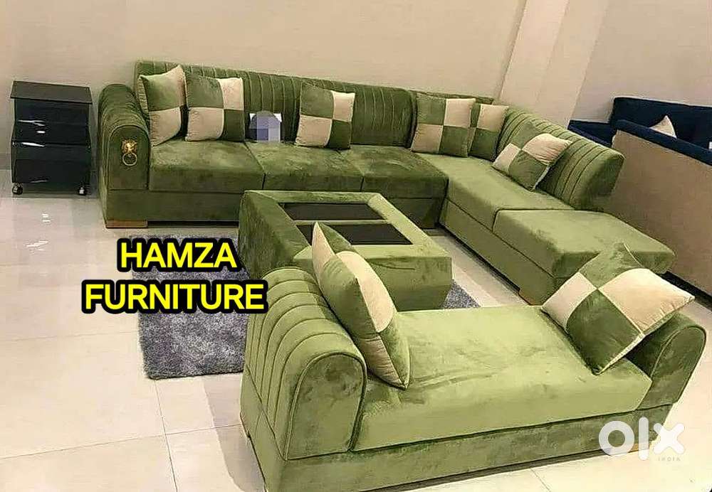 HAMZA FURNITURE L SHAPE CORNER SOFA SET WITH CENTRE TABLE & 2 PUFFY ...