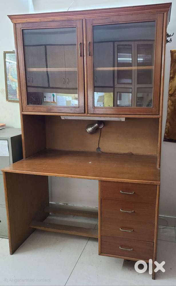Wooden computer or study table with drawers and overhead cabinets ...