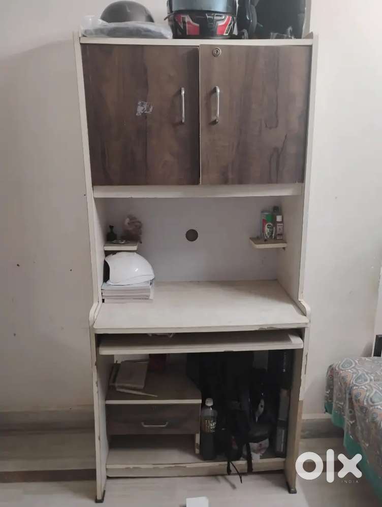 Computer Table with Upper Cabinet, Storage Shelves & Keyboard Tray ...